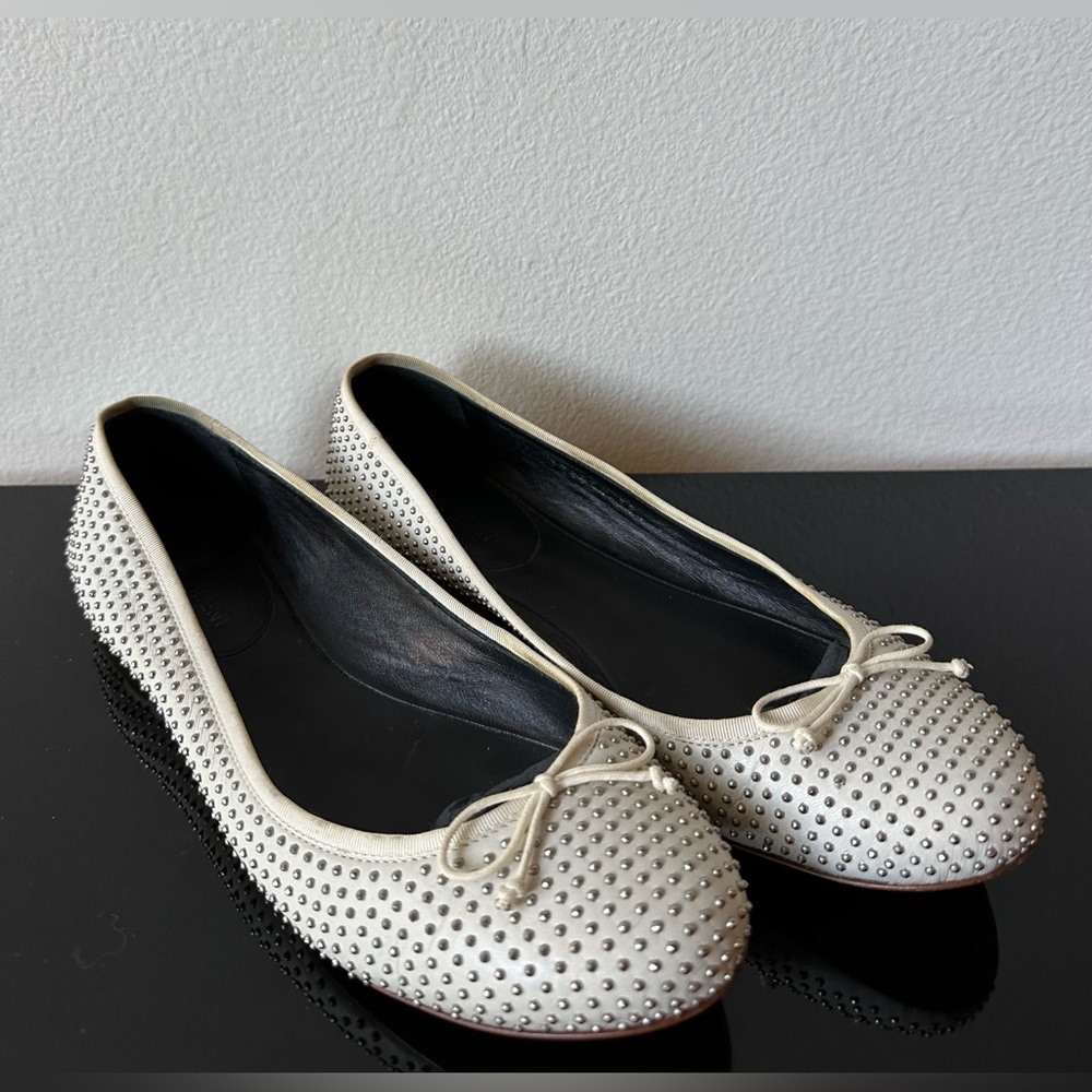 Ysl Ivory Leather Studded Ballet Flats Size 38.5 - Gem